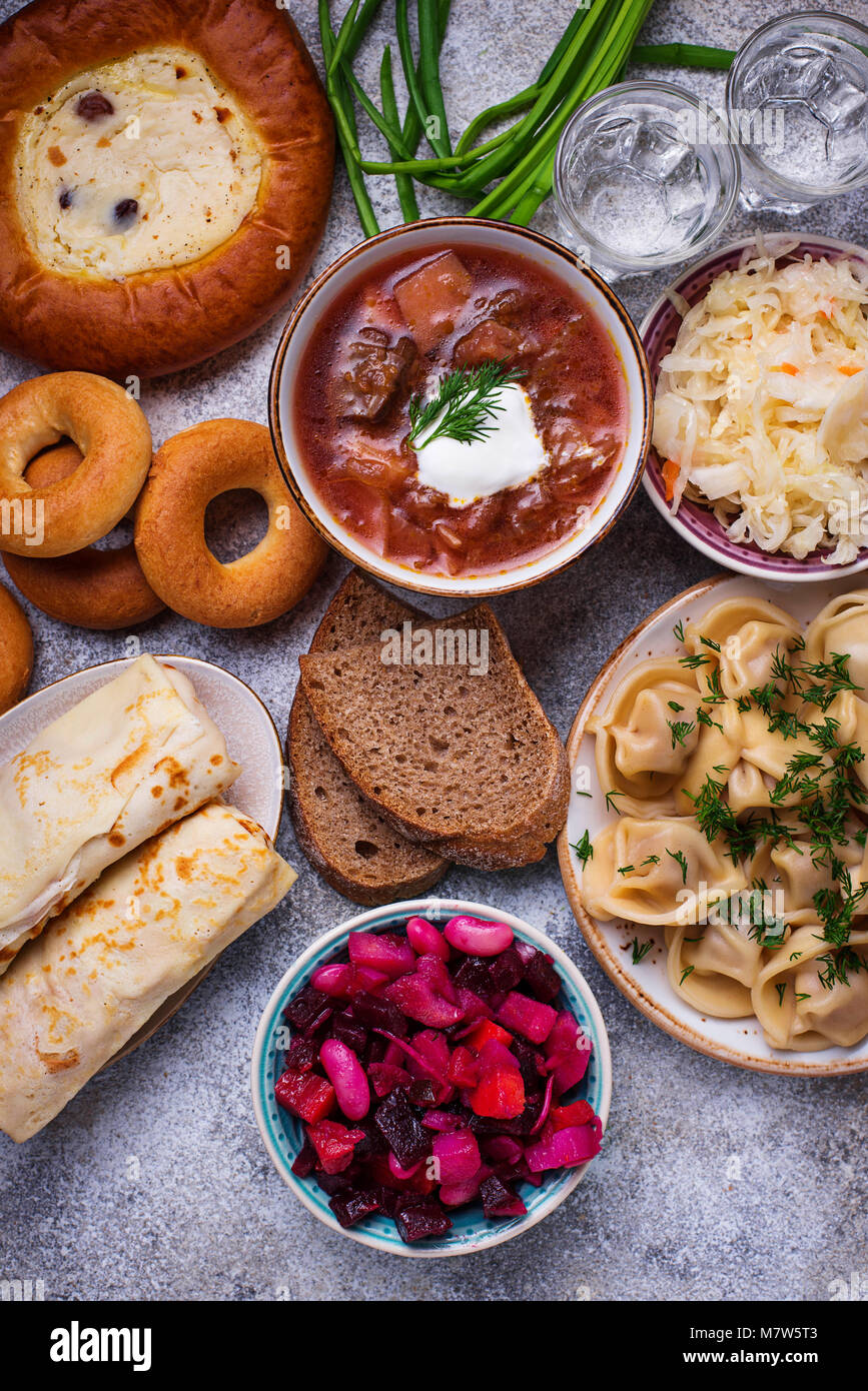 Traditional Russian dishes, sweets and vodka Stock Photo - Alamy