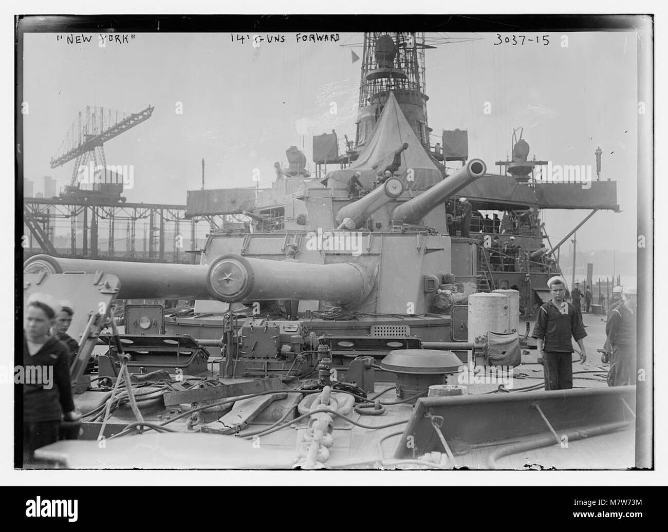 A historical photograph showing large 14-inch guns mounted on a ...