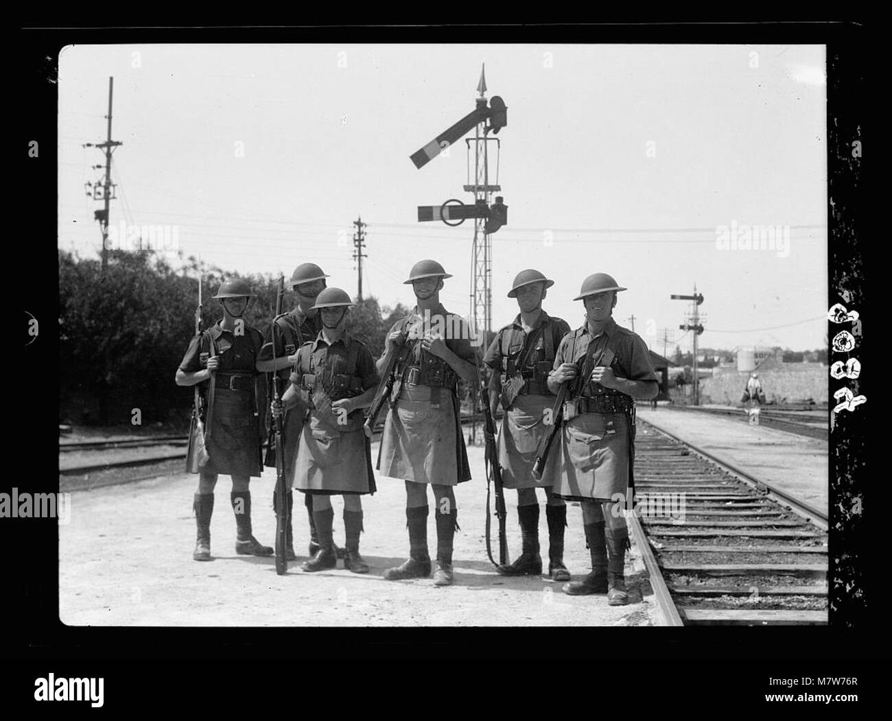 A historical photograph from 1936 showing the Jaffa-Jerusalem railroad ...