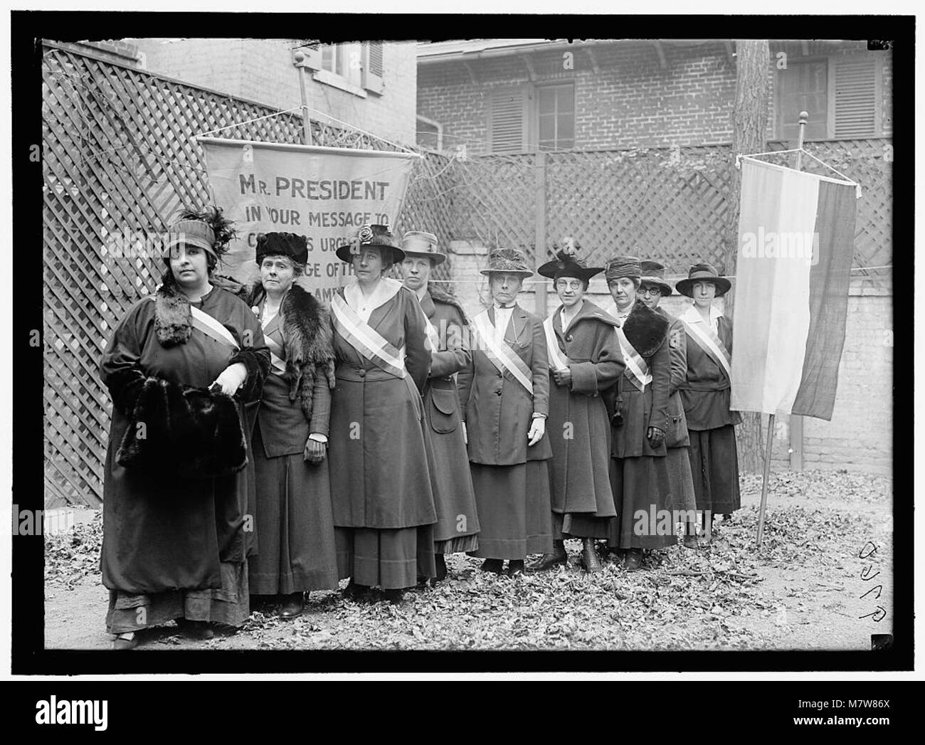 A photograph documenting a group of women suffrage pickets, advocating ...