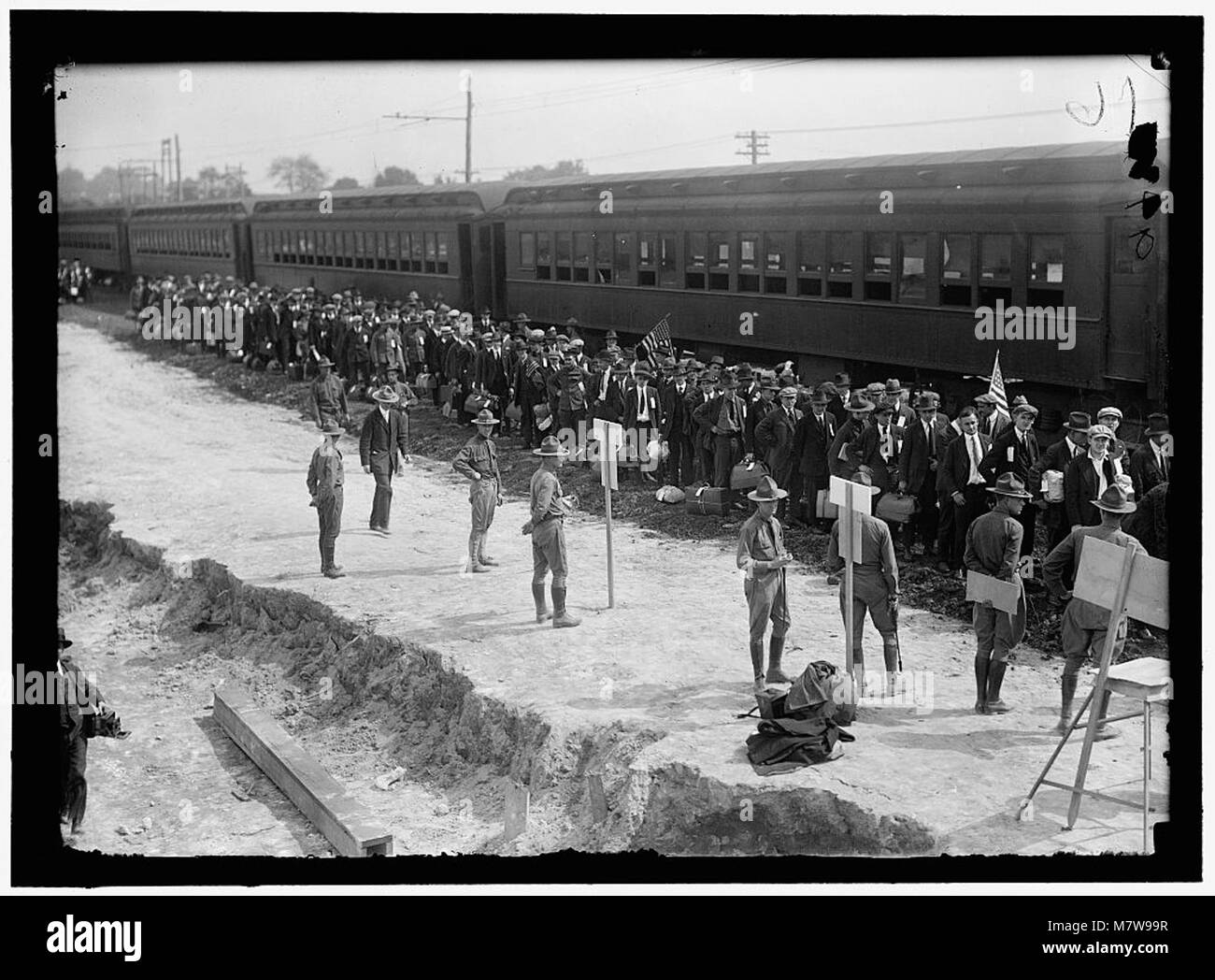 The arrival of drafted men at Camp Meade during World War I. The image ...