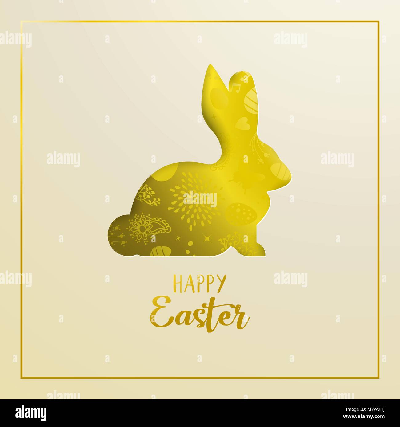 Happy Easter golden greeting illustration. Paper cut bunny silhouette ...