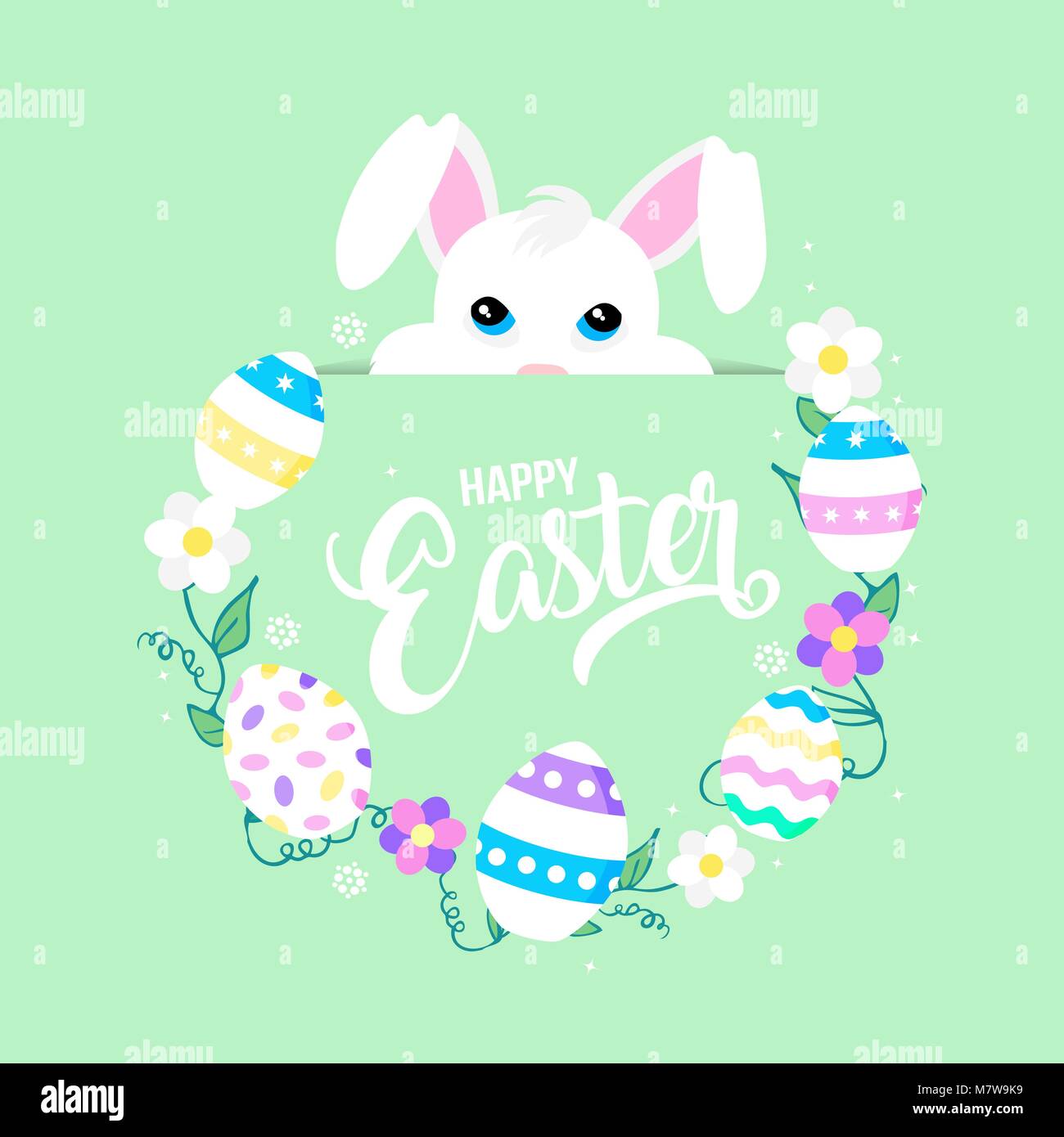Happy Easter greeting card illustration with cute bunny, spring flowers ...