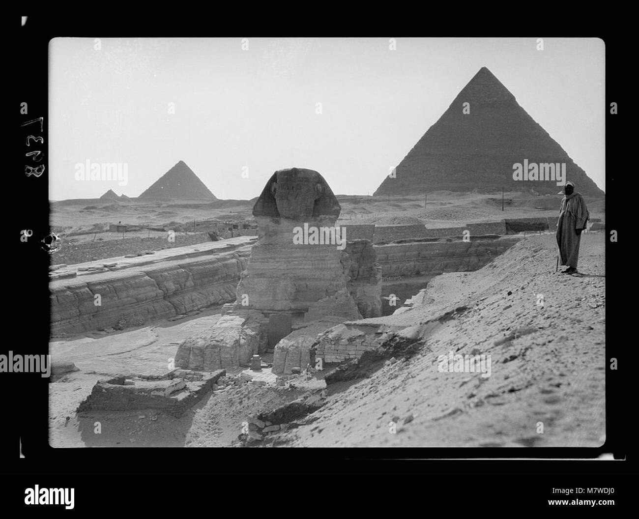 The Great Sphinx of Giza is shown in front view with the two pyramids ...