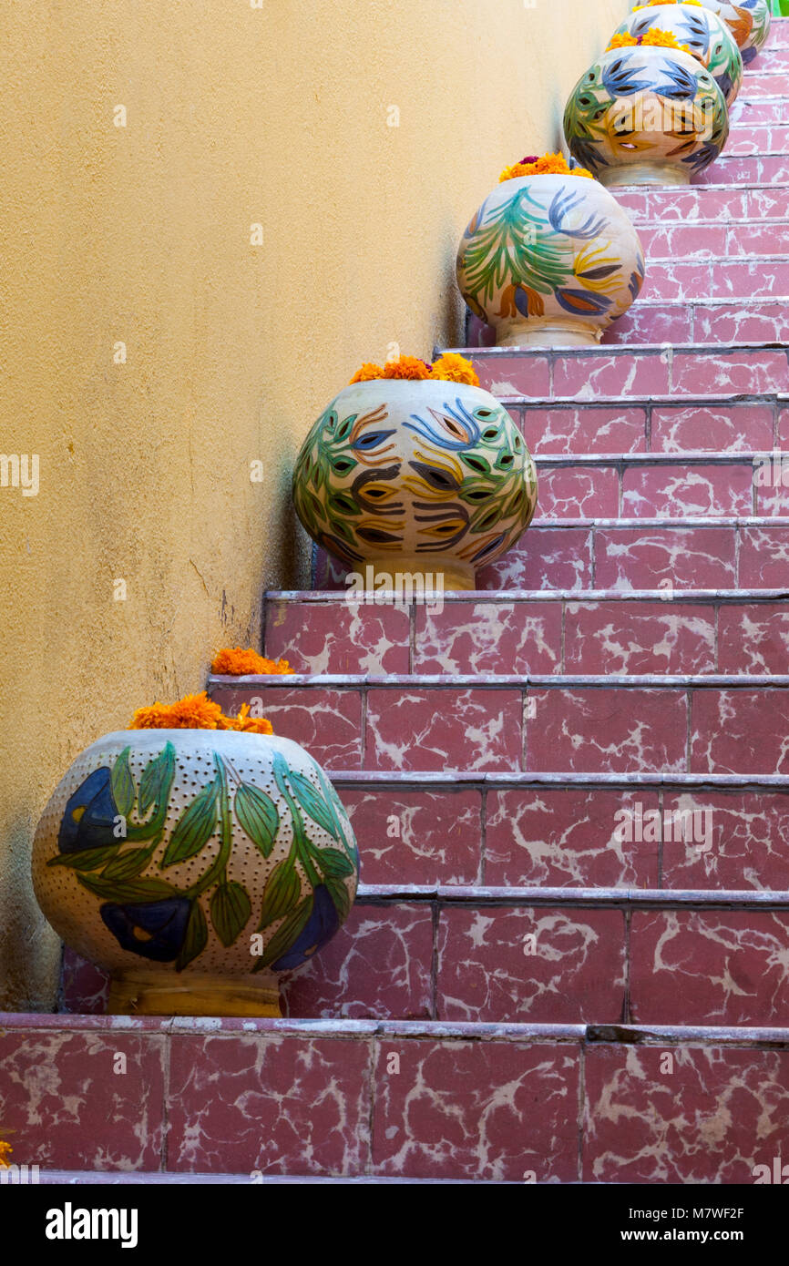 Oaxaca, Mexico. Flower Pots with Marigolds on Stairway to Roof Stock ...