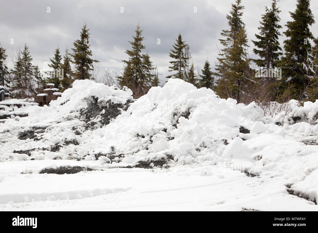 banks of snow that has been plowed with dirt and gravel outside in the ...