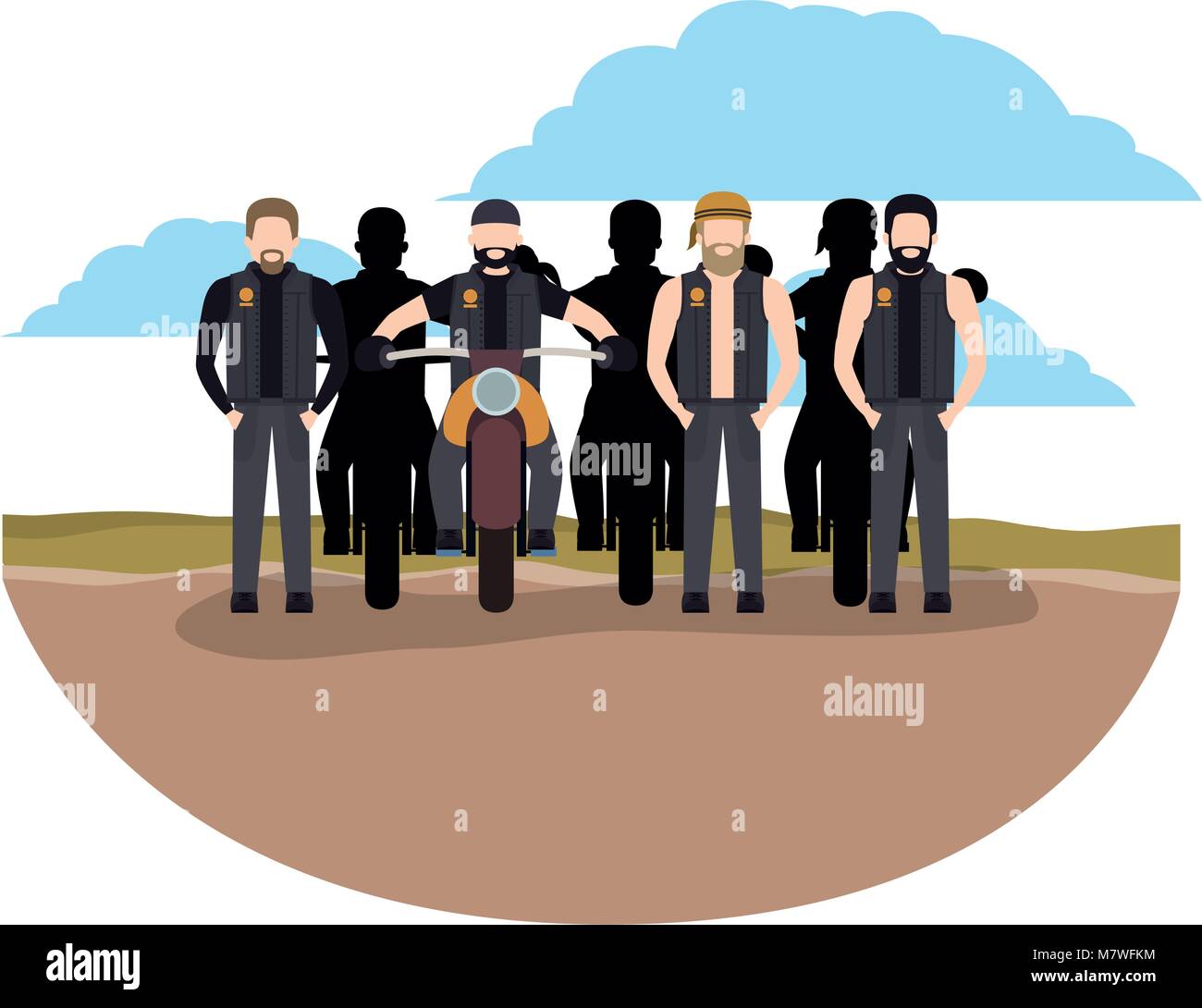 group of bikers in the classic motorcycle scene character Stock Vector ...