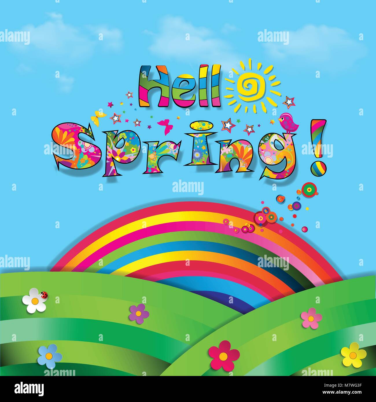 Hello spring vector cartoon colorful paper illustration of beautiful ...