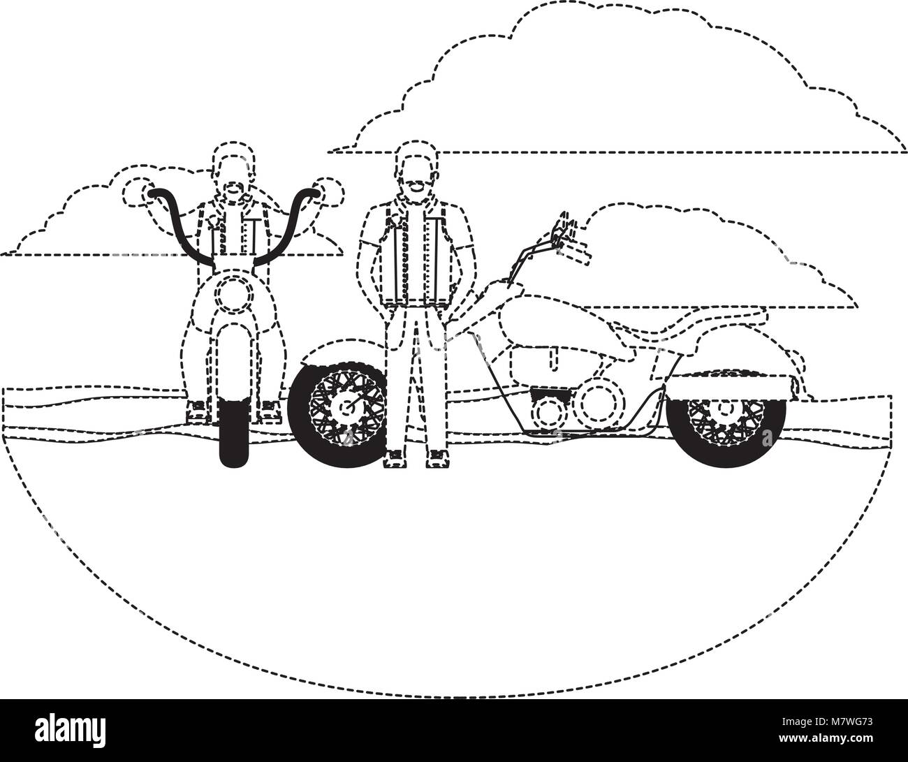group of bikers in the classic motorcycle scene character Stock Vector ...