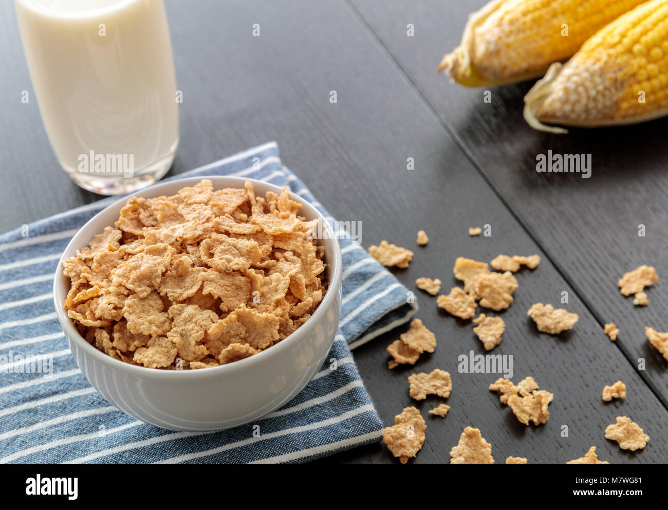 Healthy Corn Flakes with milk for Breakfast on table, food and drink ...
