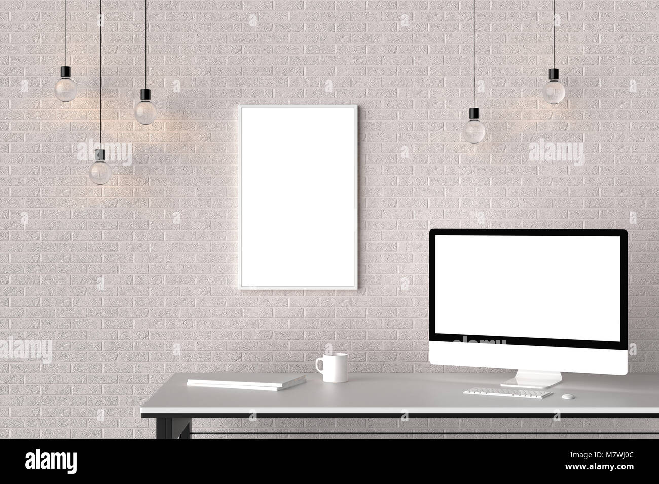 Modern workspace with isolated empty frame on brick wall and isolated ...