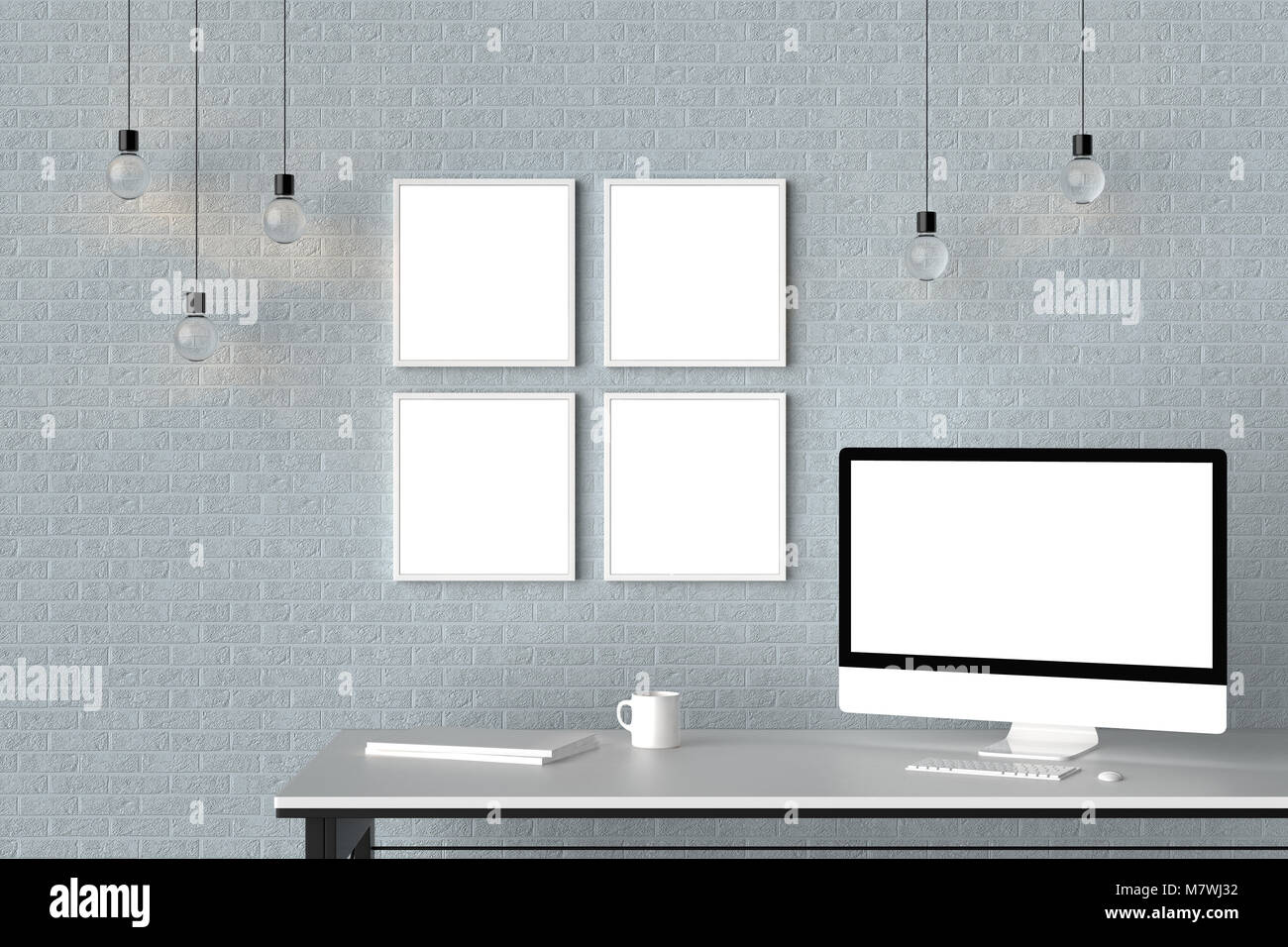 Modern workspace with isolated empty frames on brick wall and isolated ...