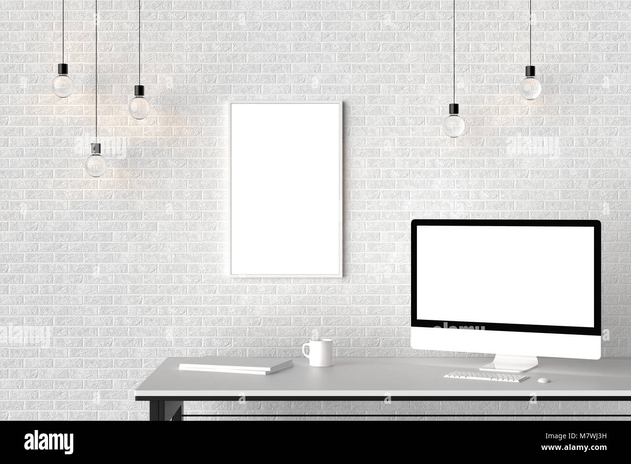 Modern workspace with isolated empty frame on brick wall and isolated ...