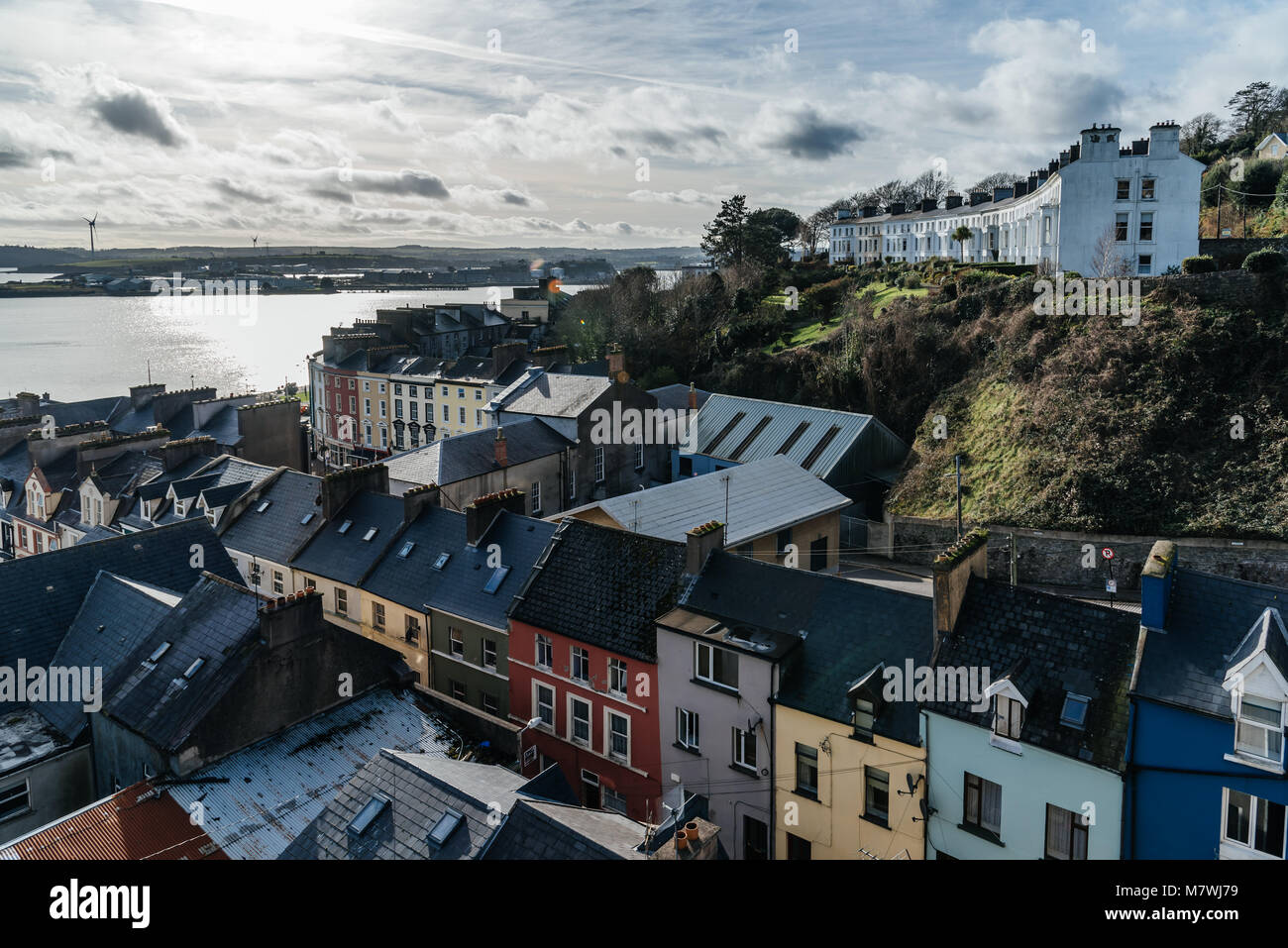 Picturesque view of row houses in Cobh, a small Irish coastal town ...