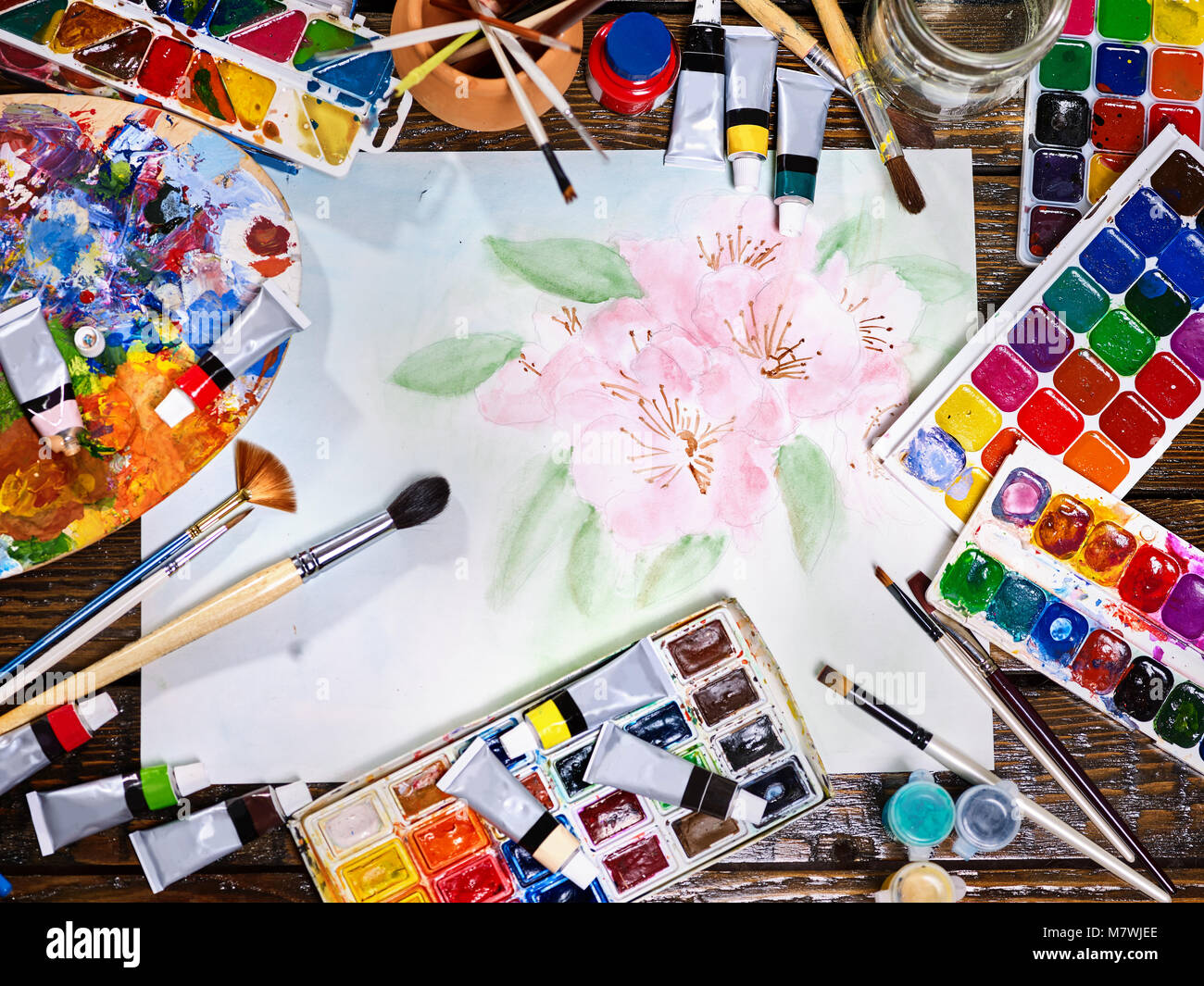 Authentic paint brushes still life on table in art class school Stock ...