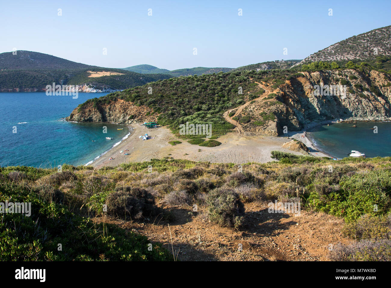 Lemos beach, the southernmost point of Greek peninsula Sithonia Stock ...