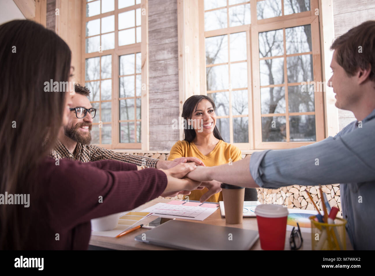 Happy delighted people being a team Stock Photo - Alamy