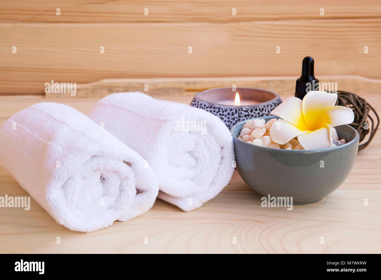 Spa setting with body products, body care wellness with cotton towels ...