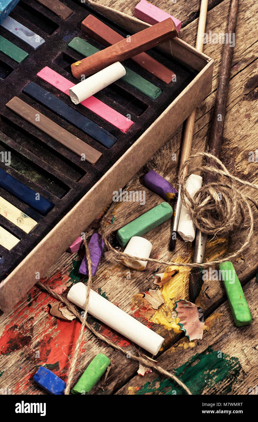 color paints,crayons and pencils for drawing in old style Stock Photo ...