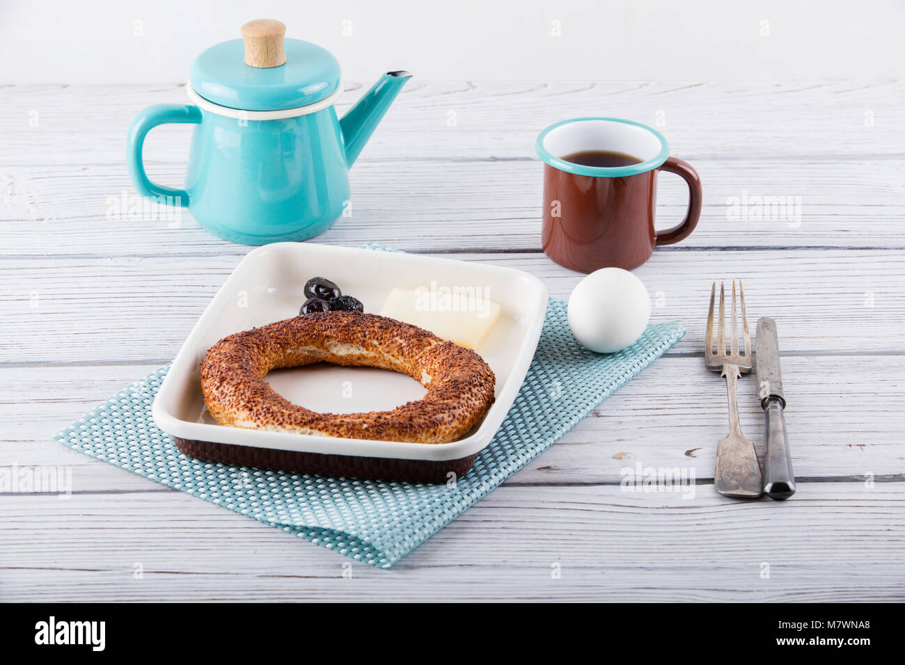 traditional turkish breakfast with tea and simit Stock Photo - Alamy