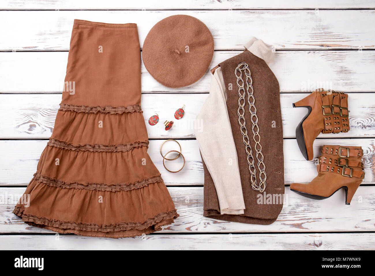 Autumn collection of women outfit. Full set of women clothes. Chain ...