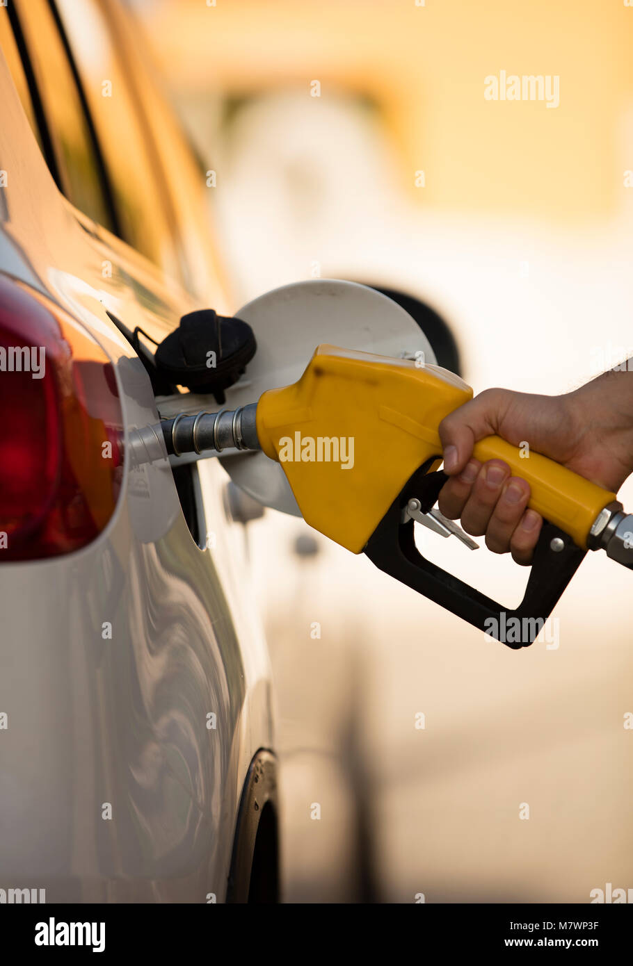 white car at gas station being filled with fuel Stock Photo - Alamy