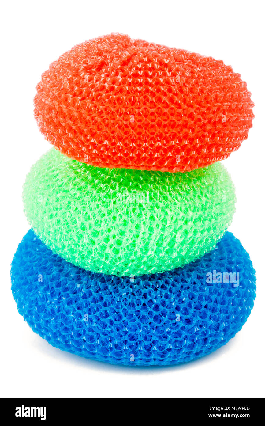 Tower of vibrant plastic scourers isolated on white background Stock ...