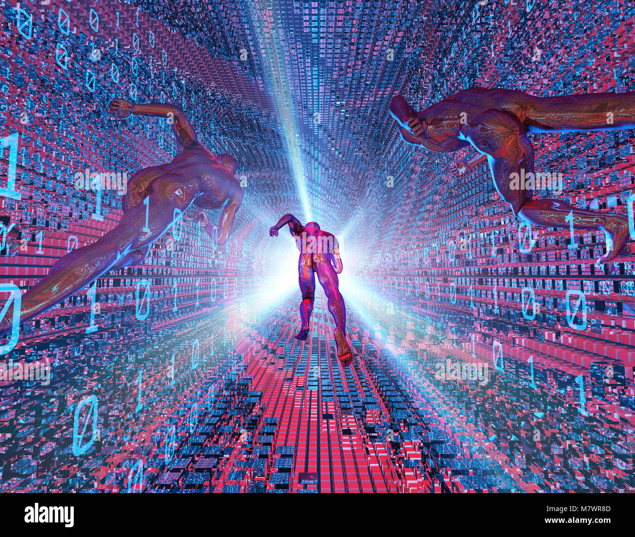 Technology people running in digital space, network speed, technology ...