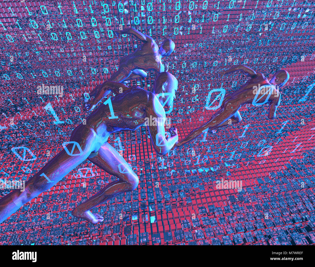 Technology people running in digital space, network speed, technology ...