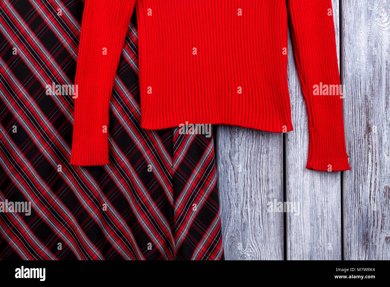 Close up winter clothes material. Grey desk surface background Stock ...