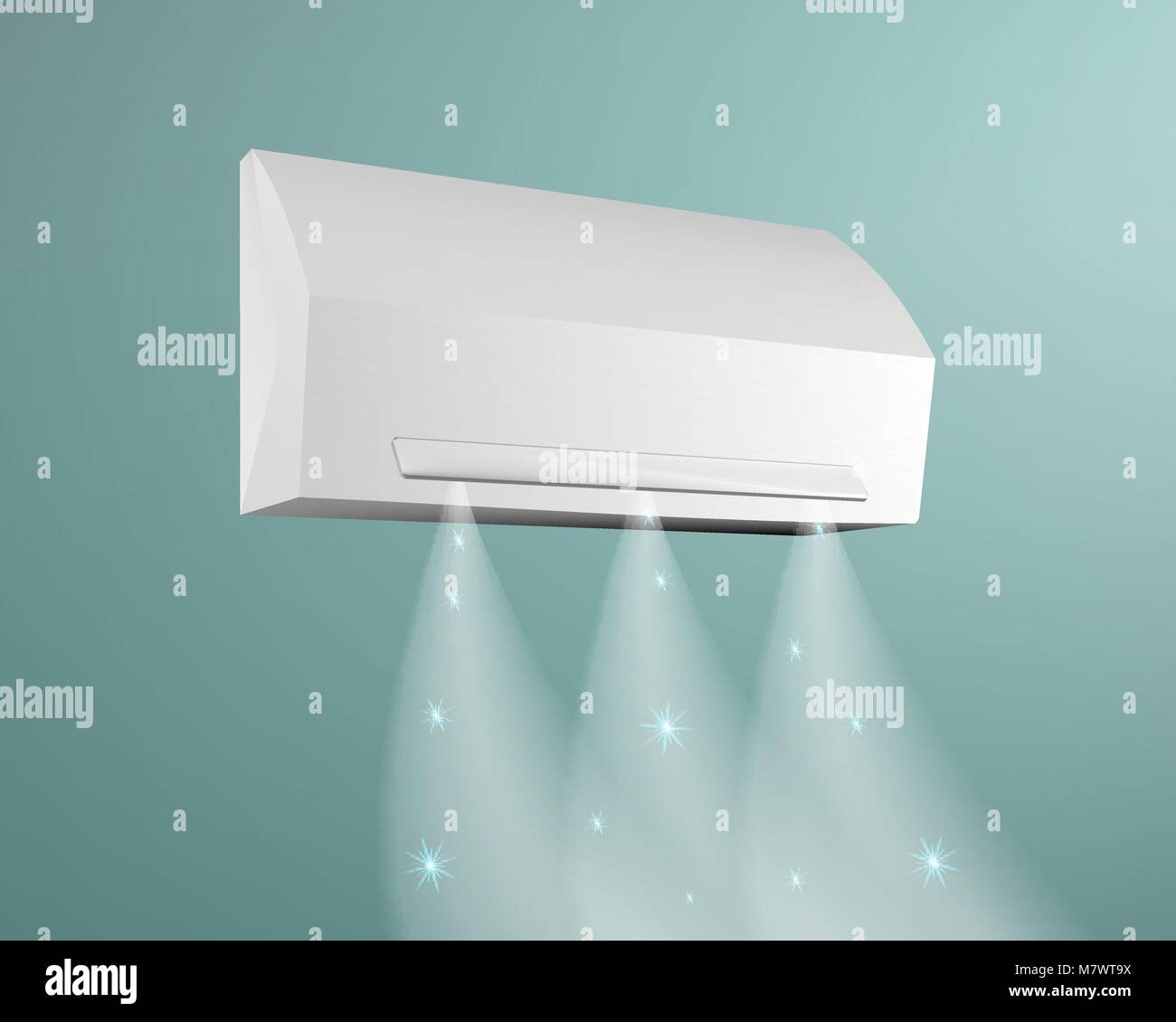 White air conditioner on the background of blue wall. HVAC system ...