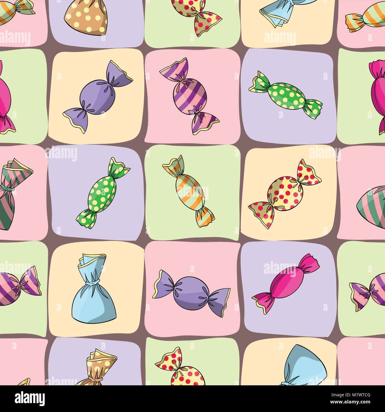 Seamless pattern with different sweets. Background with squares with ...
