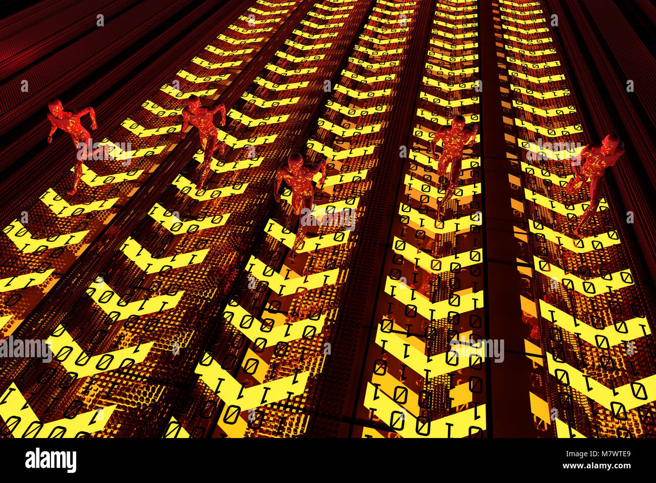 Technology people running in digital space, network speed, technology ...