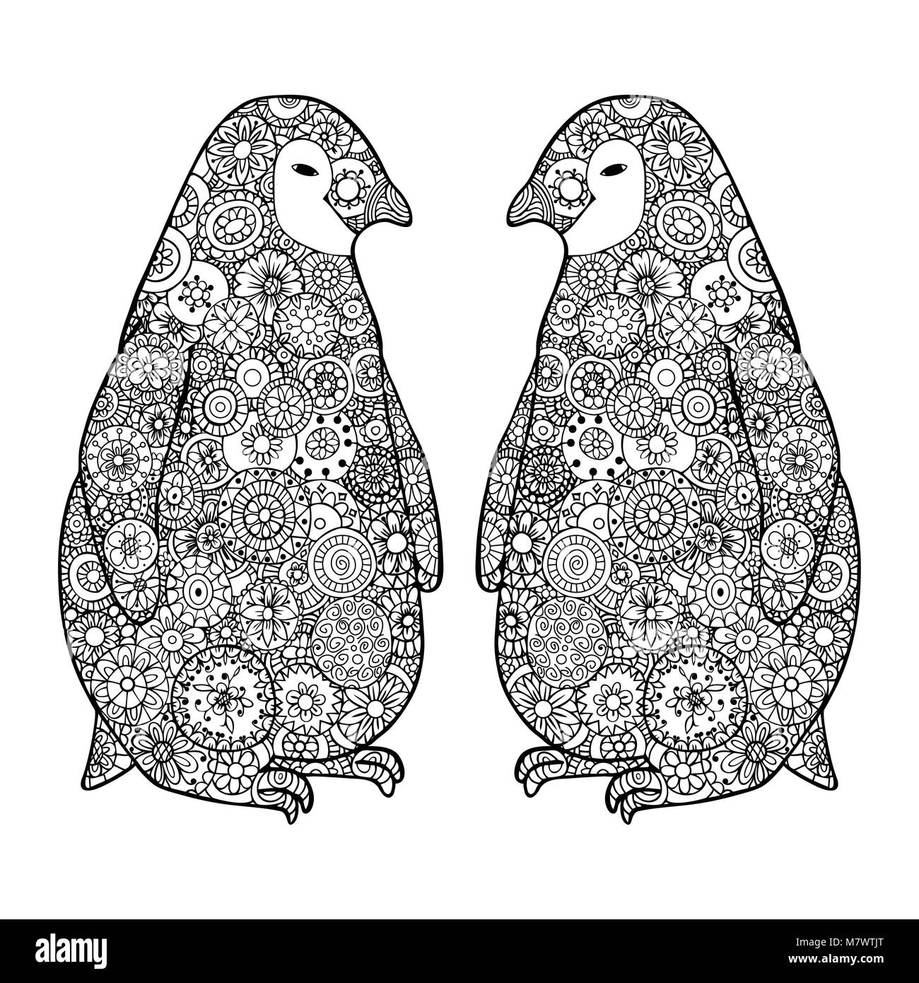 Two cute loving penguin. Zen tangle vector illustration. Zentangle ...
