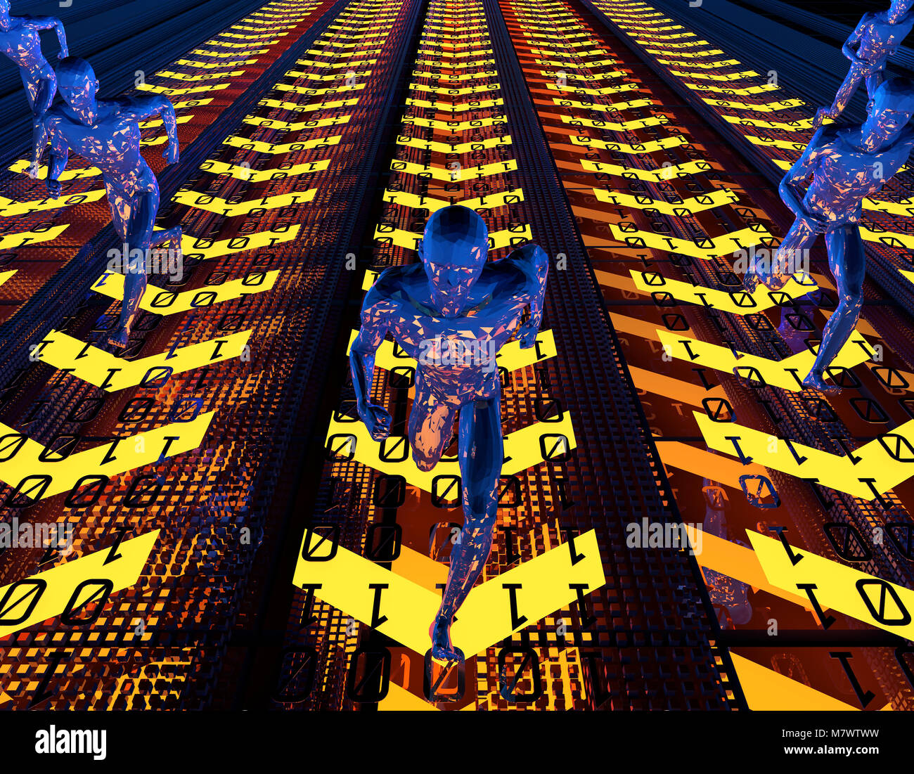 Technology people running in digital space, network speed, technology ...