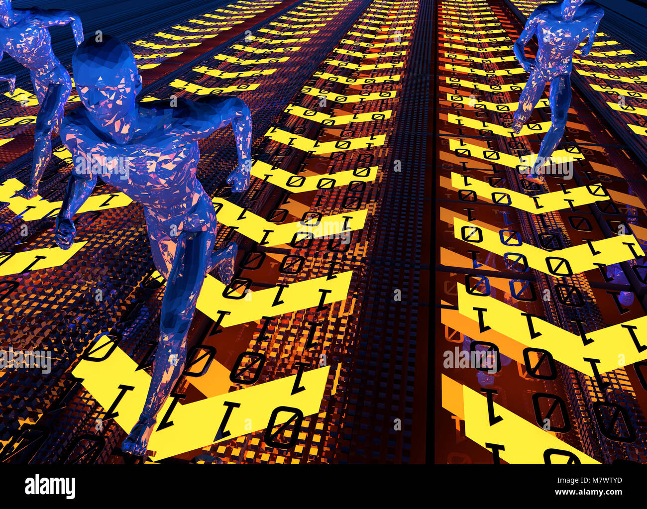 Technology people running in digital space, network speed, technology ...