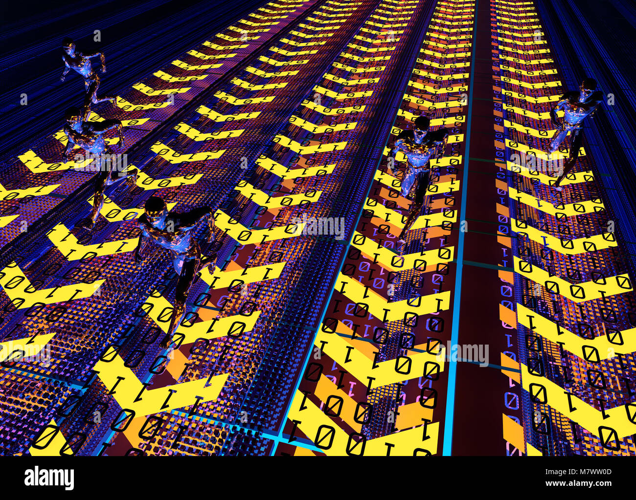 Technology people running in digital space, network speed, technology ...