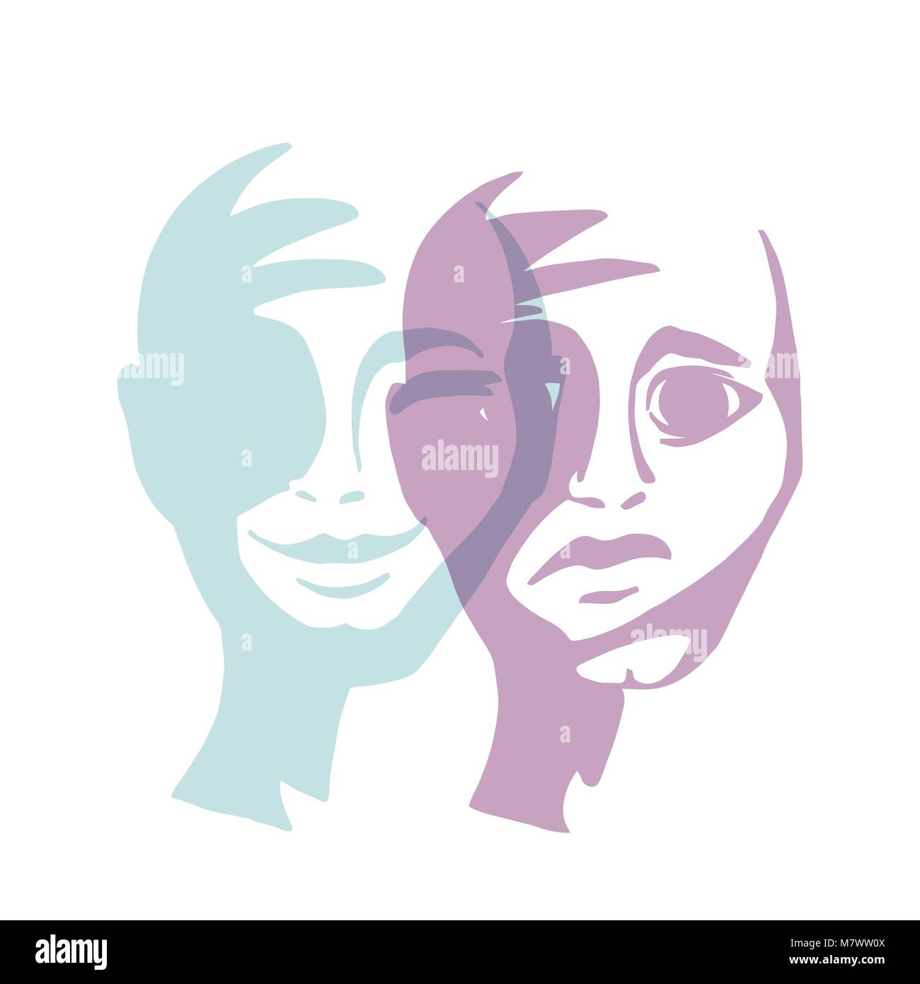 Multiple personality. Mask of a man vector illustration. Confrontation ... Multiple personality. Mask of a man vector illustration. Confrontation ...