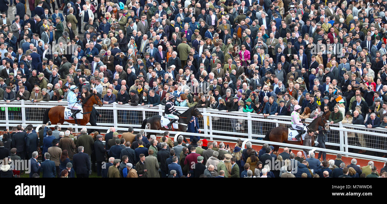 Spectators watch horses in the parade ring during Champion Day of the ...