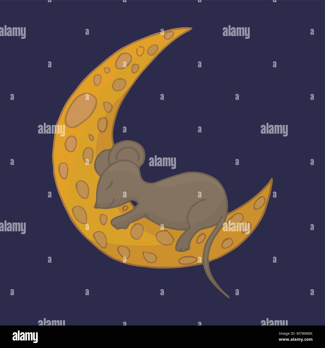 Little mouse is sleeping on the cheese moon. Fairy animal vector ...