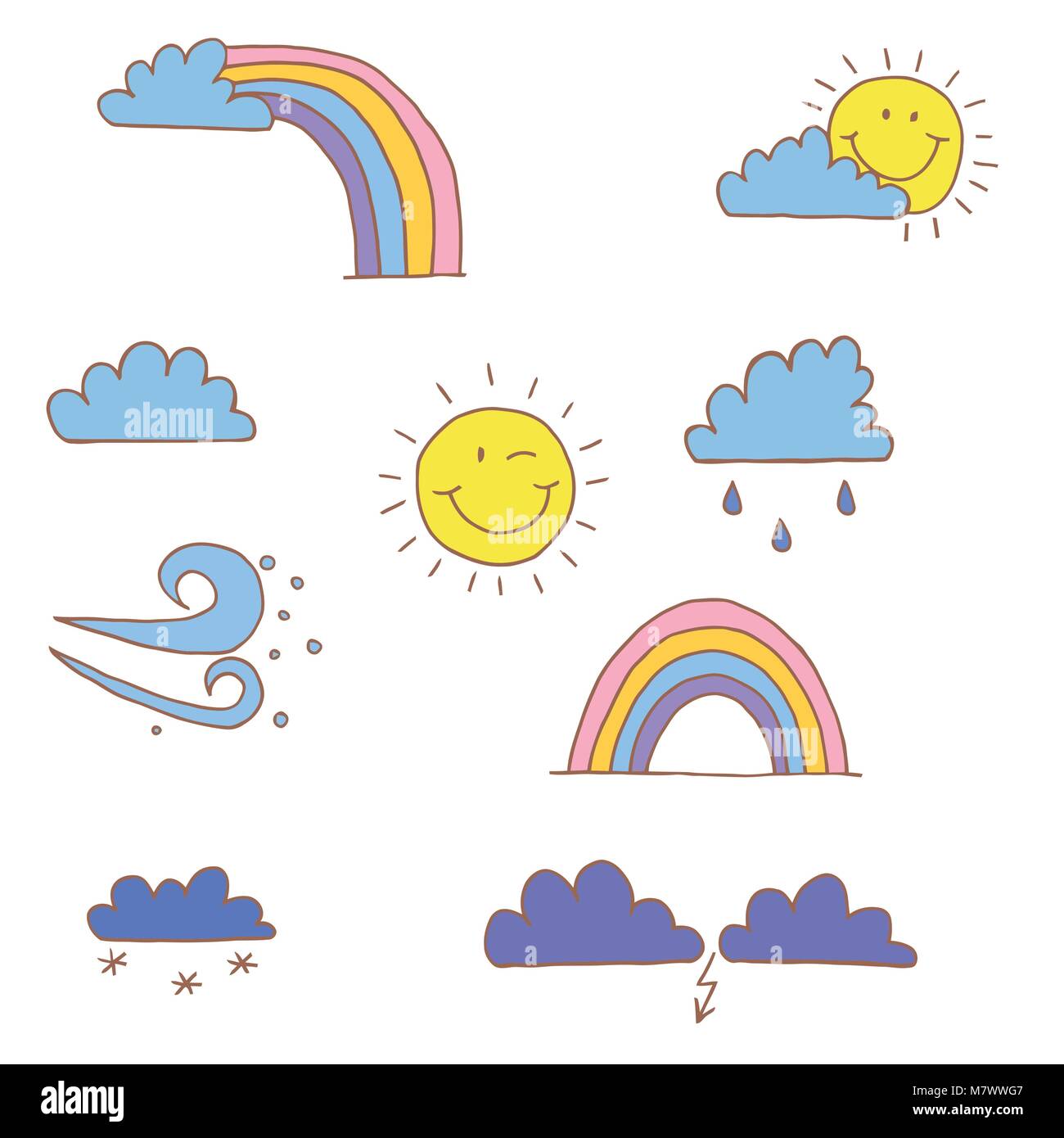 Weather elements vector illustration. A set of cute children's drawings ...