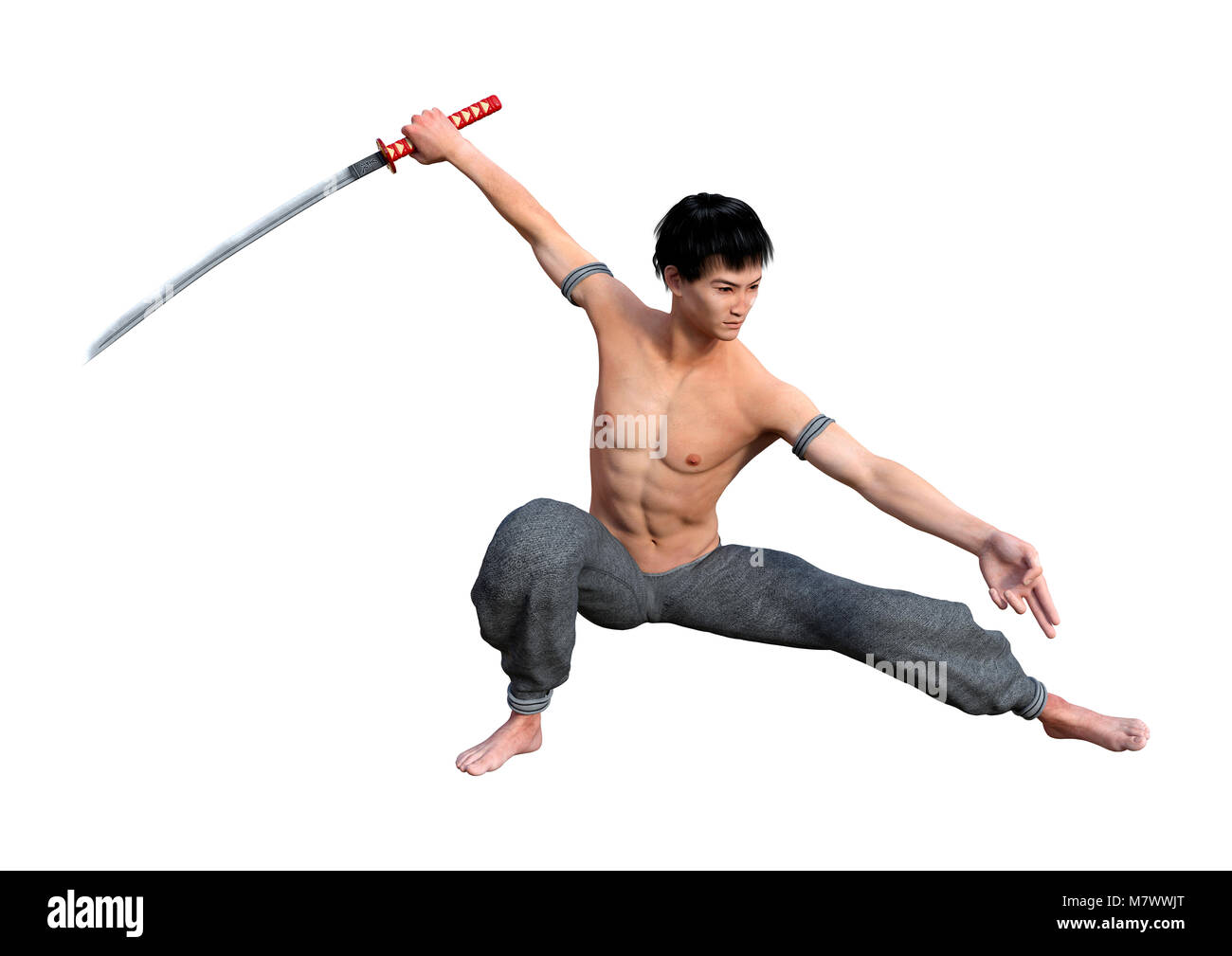 3D rendering of a fighting monk holding a sword isolated on white ...
