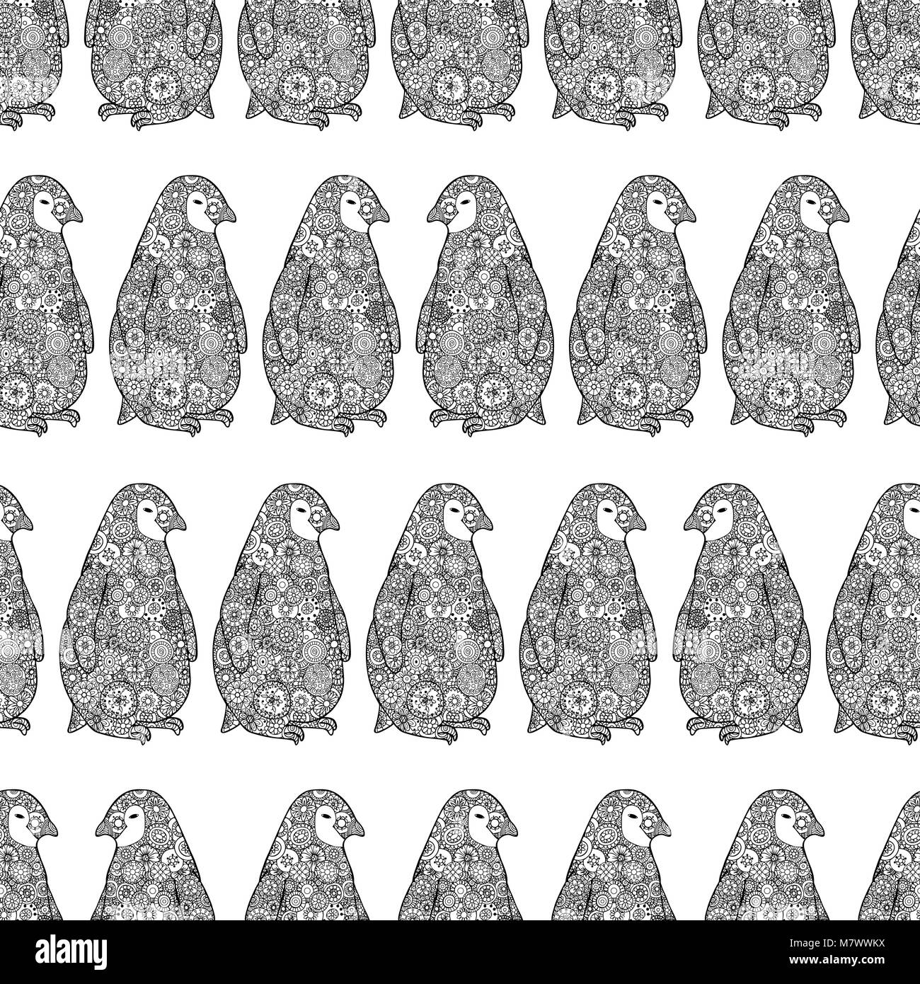 Vector illustration of cute Zentangle penguins. Seamless pattern ...