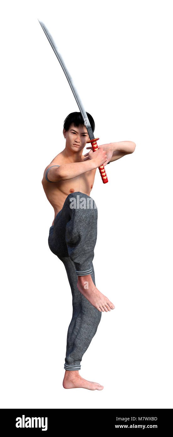 3D rendering of a fighting monk holding a sword isolated on white ...