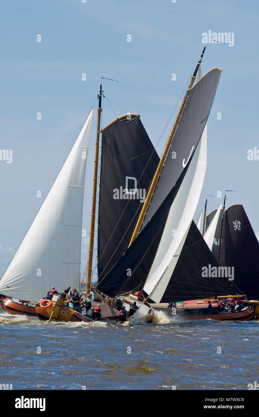 A traditional sailing race called skutsjesilen with classic Dutch ...