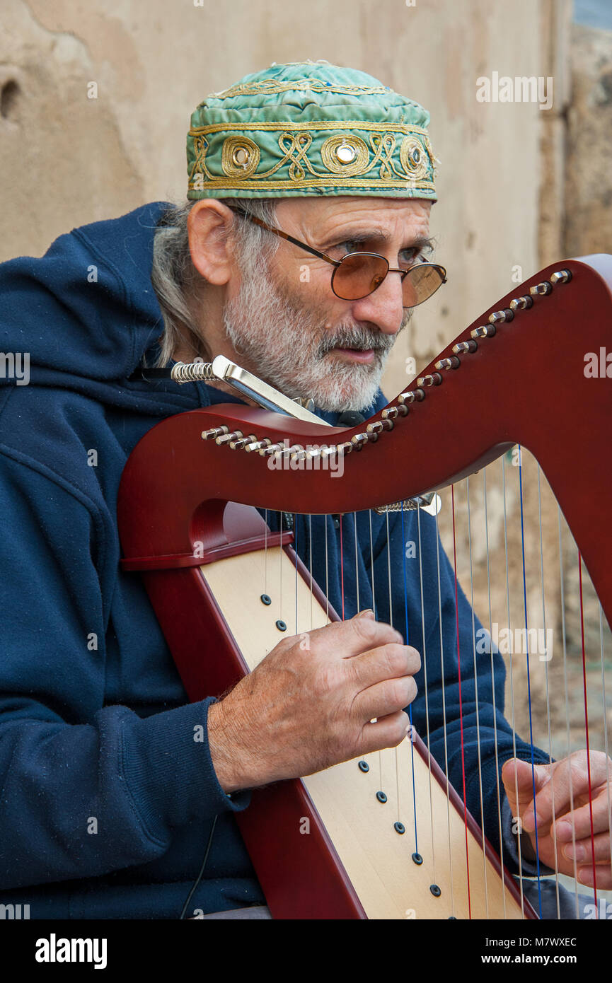 Close up of musician playing a harp at Prague Castle. Man with beard ...
