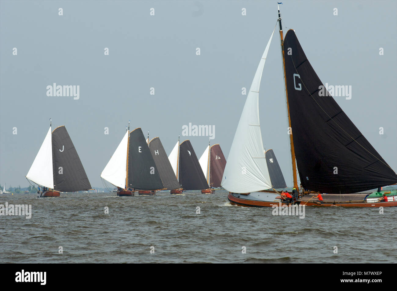 A traditional sailing race called skutsjesilen with classic Dutch ...