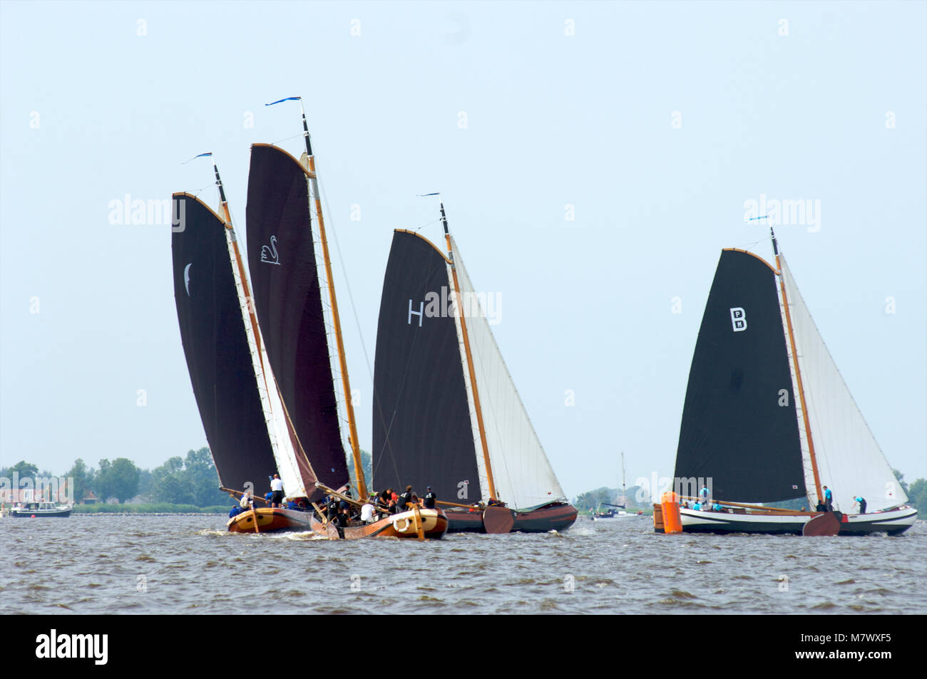A traditional sailing race with classic Dutch wooden flat-bottemend ...