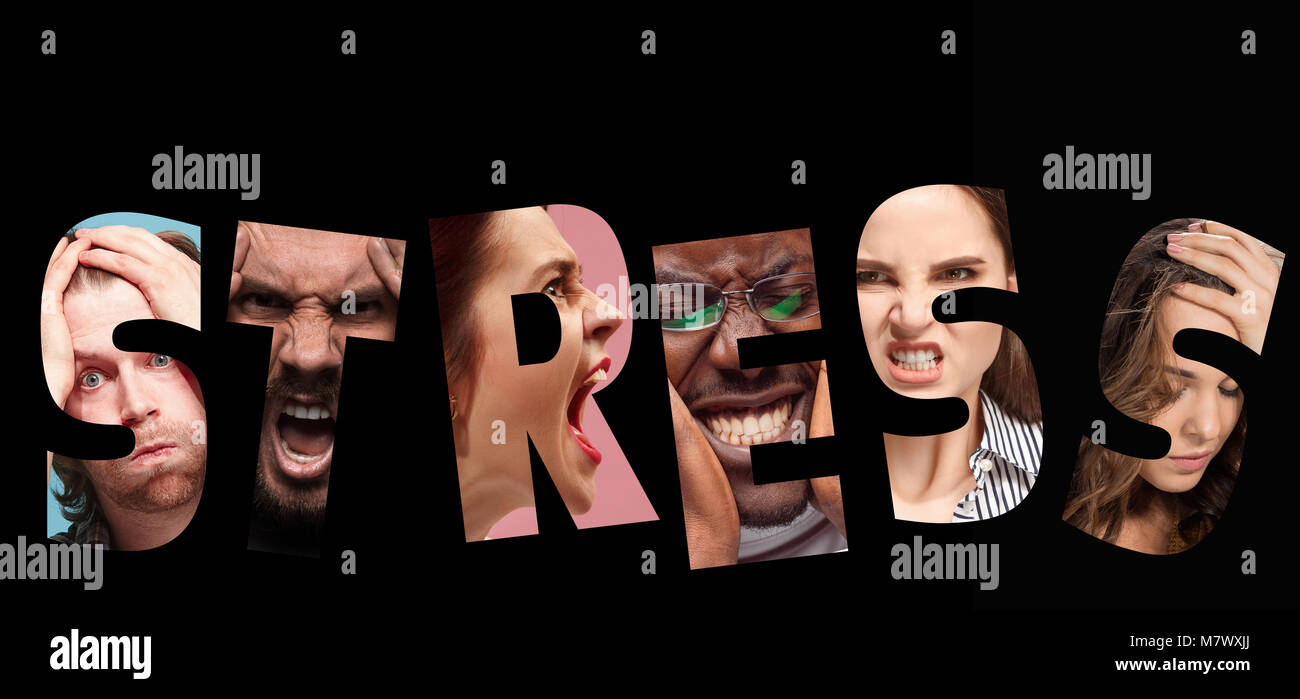 Word stress composed of anxious worried stressed faces of men and women ...