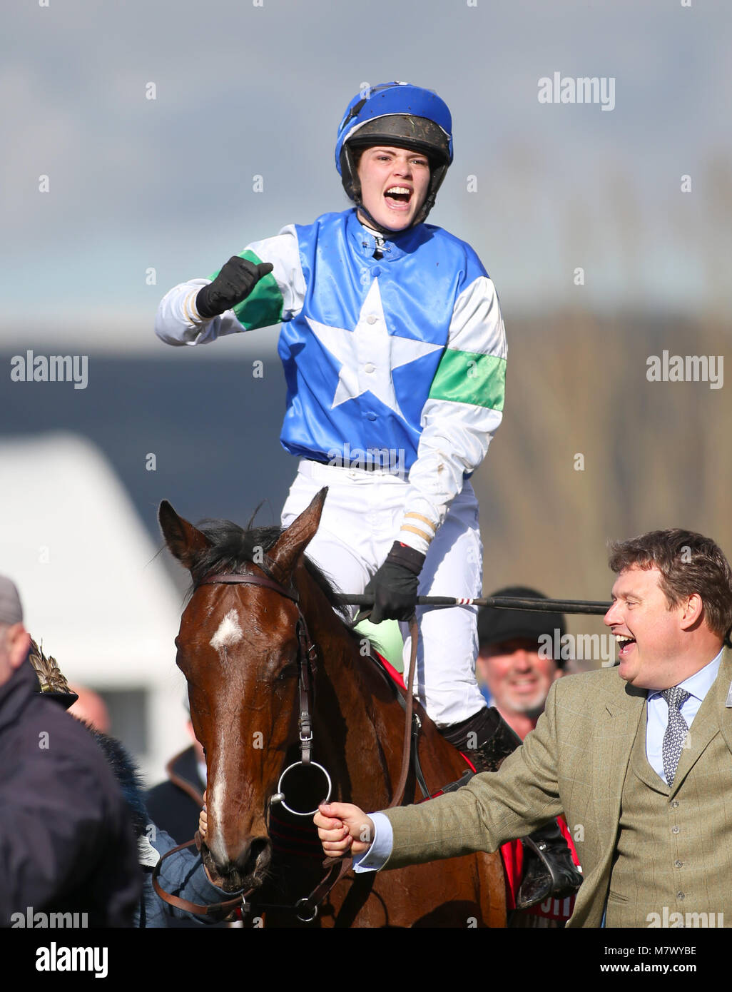 Jockey lizzie kelly celebrates winning ultima handicap steeple chase hi ...